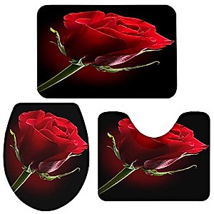 Apular Fashion 3 Piece Bath Rugs Set Rose Flower Elegant Red Blossom Petal Bloom Romantic Printed Non Slip Ultra Soft Bathroom Mats, U Shape Mat and Toilet Lid Cover Mat Bath Mats