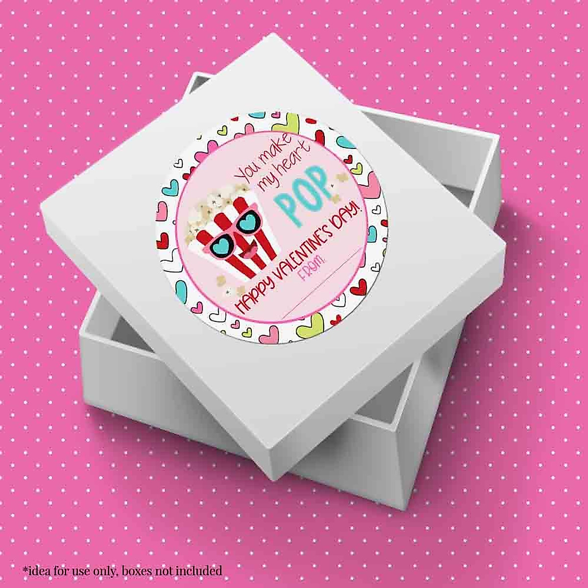 You Make My Heart Pop Fun Popcorn Themed Valentine Party Favor Sticker Labels for Kids, 40 2" Party Circle Stickers by AmandaCreation, Great for Classroom Valentines, Envelope Seals, Gifts, Treats