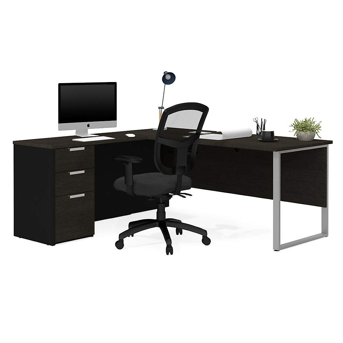 Bestar Pro-Concept Plus L-Shaped Desk with Drawers, Deep Grey & Black