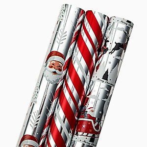 Homeral Reversible Christmas Wrapping Paper Roll - Metallic Shine Santa, Sleigh, Reindeer, Stripe, Plaid, Letterings, Snowflake for Christmas, New Year Celebration - 3 Rolls - 17 x 120 Inch Per Roll