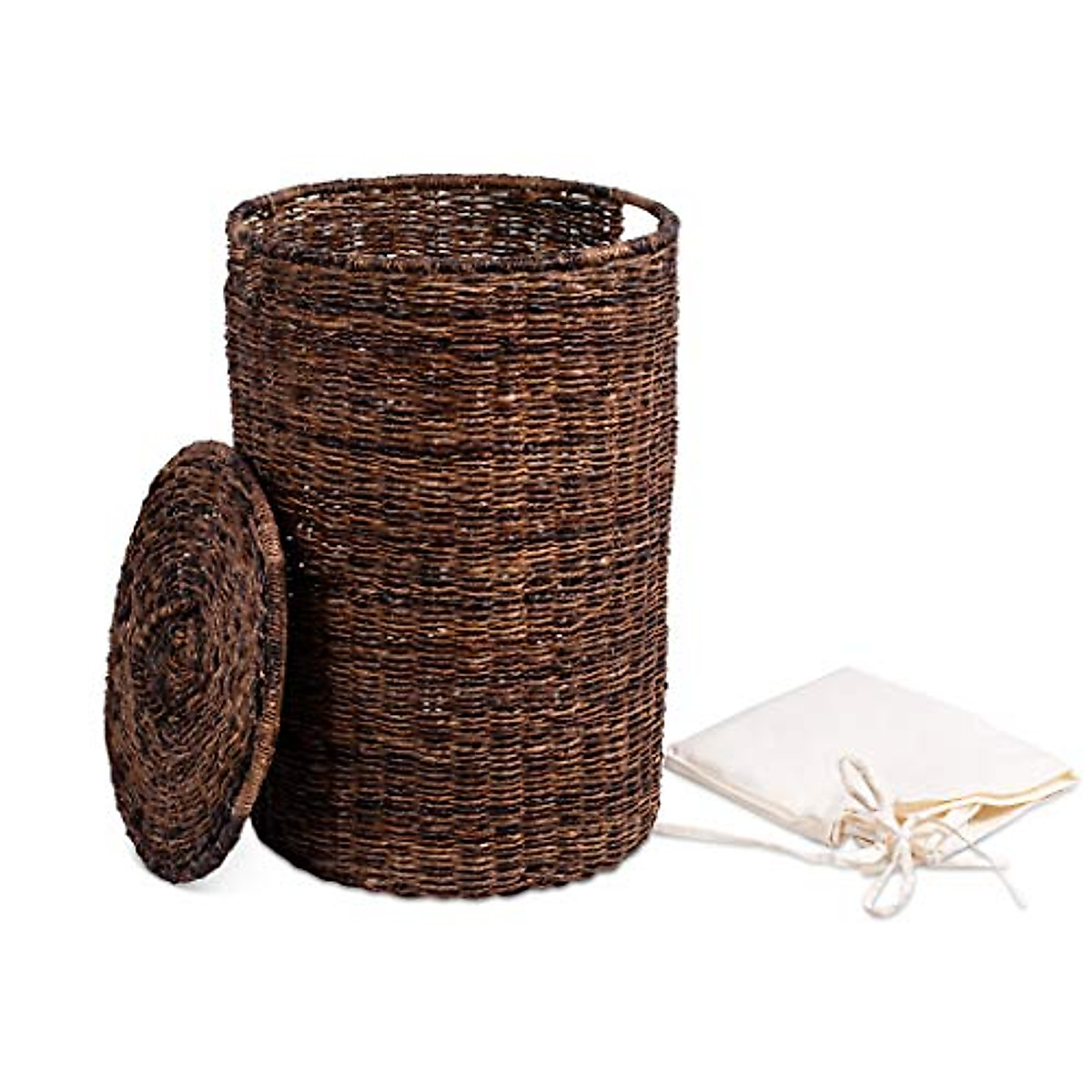 BirdRock Home Abaca Laundry Hamper with Liner - Round Clothes Bin with Lid - Organize Laundry - Cut-Out Handles for Easy Transport - Includes Machine Washable Canvas Liner (Espresso)