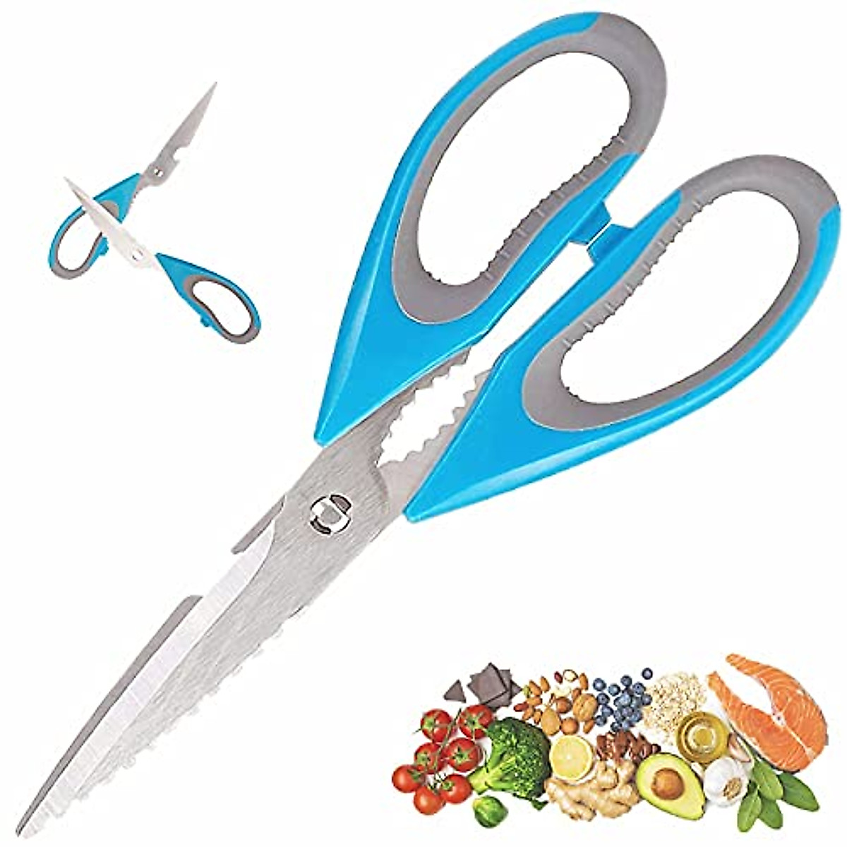 Kitchen Scissors, Heavy Duty Stainless Steel Kitchen Shears, Premium Ultra Sharp Utility Multifunctional Kitchen Scissors for Poultry, Chicken, Meat, Food, Vegetables, Seafood, BBQ (Blue)