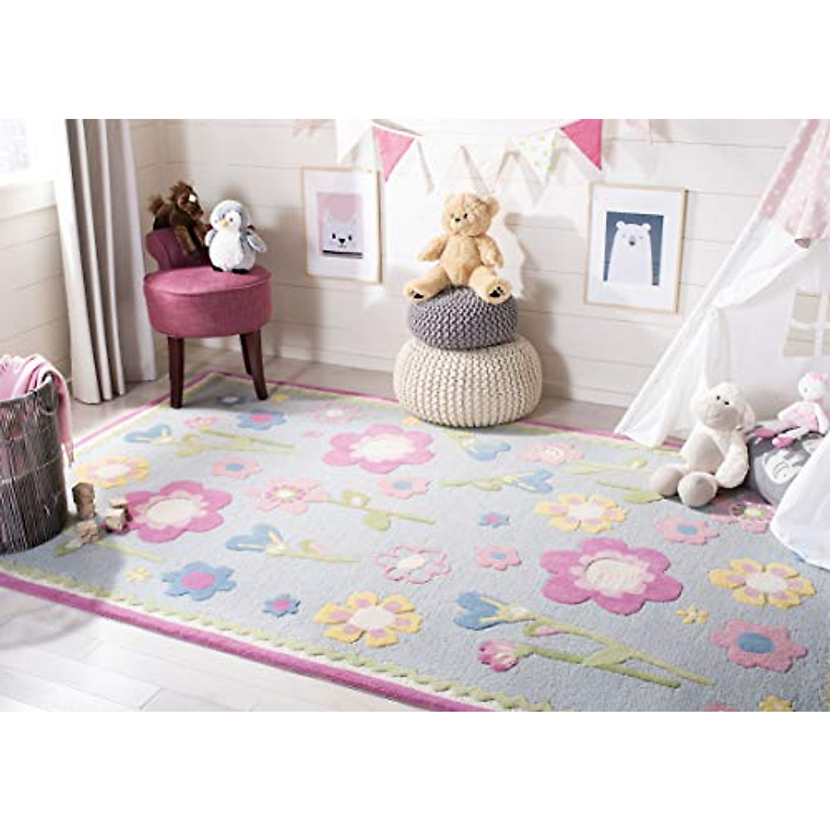 SAFAVIEH Kids Collection Accent Rug - 4' x 6', Blue & Multi, Handmade Floral Wool, Ideal for High Traffic Areas in Entryway, Living Room, Bedroom (SFK311A)