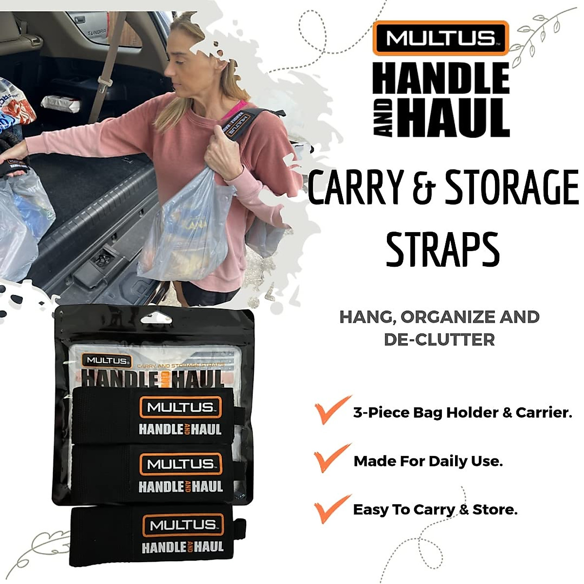 MULTUS Hand or Hands Free Grocery Bag Carrier 3 Pack - Carry Hook and Loop Strap, Plastic Bag Holder and Storage Hanger, All-Purpose Organizer