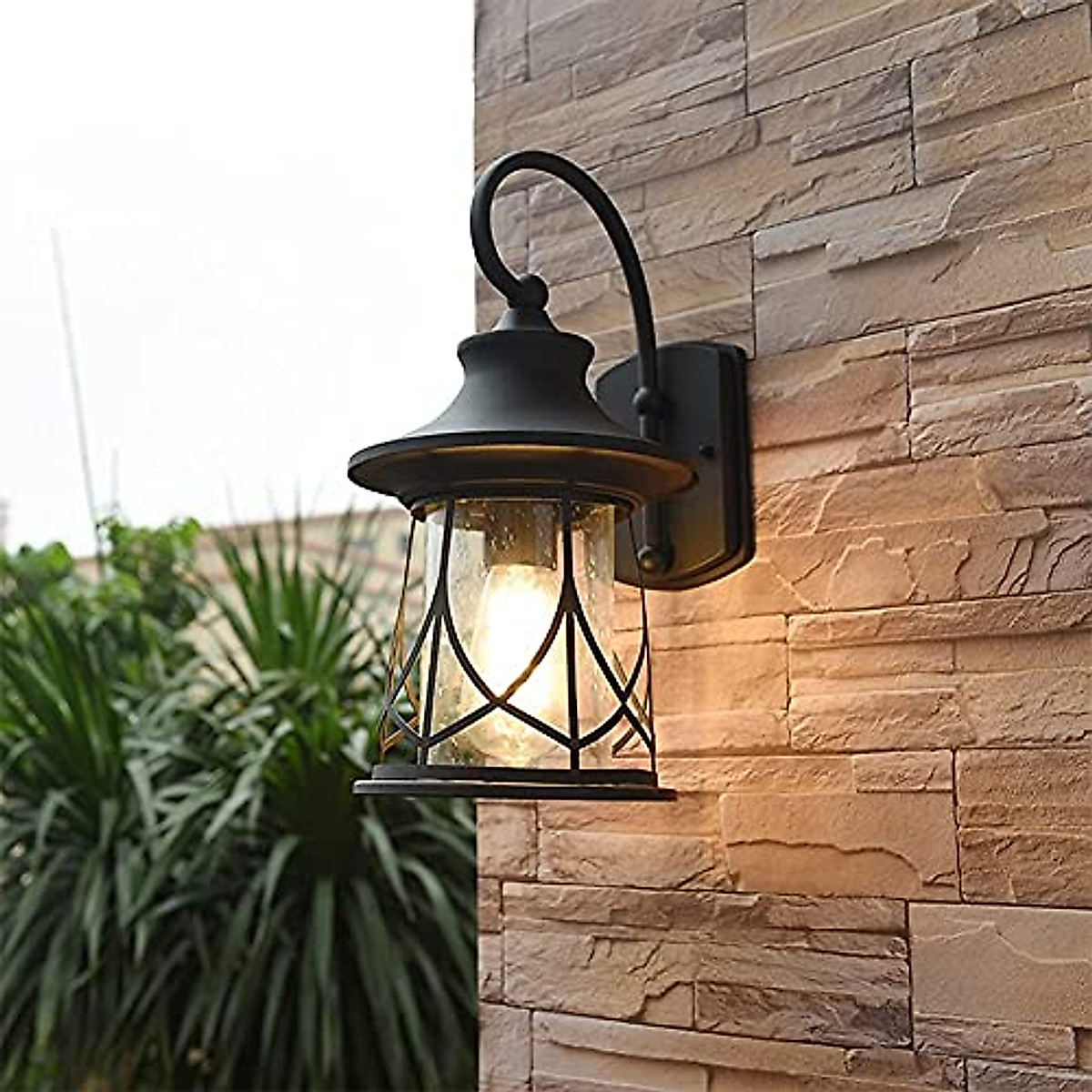 European Outdoor Wall Light Matte Black Fixture 15.7 Inch with Seed Glass Shade Waterproof Outside Wall Mount Garden Home Lamp E27 Sconce for Exterior House Porch Patio Outside