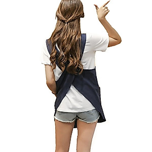 Soft Cotton Linen Apron Solid Color Halter Cross Bandage Aprons Japanese Style X Shape Double Pockets Round Skirt Kitchen Cooking Clothes Chef Summer Fit (Navy Blue)