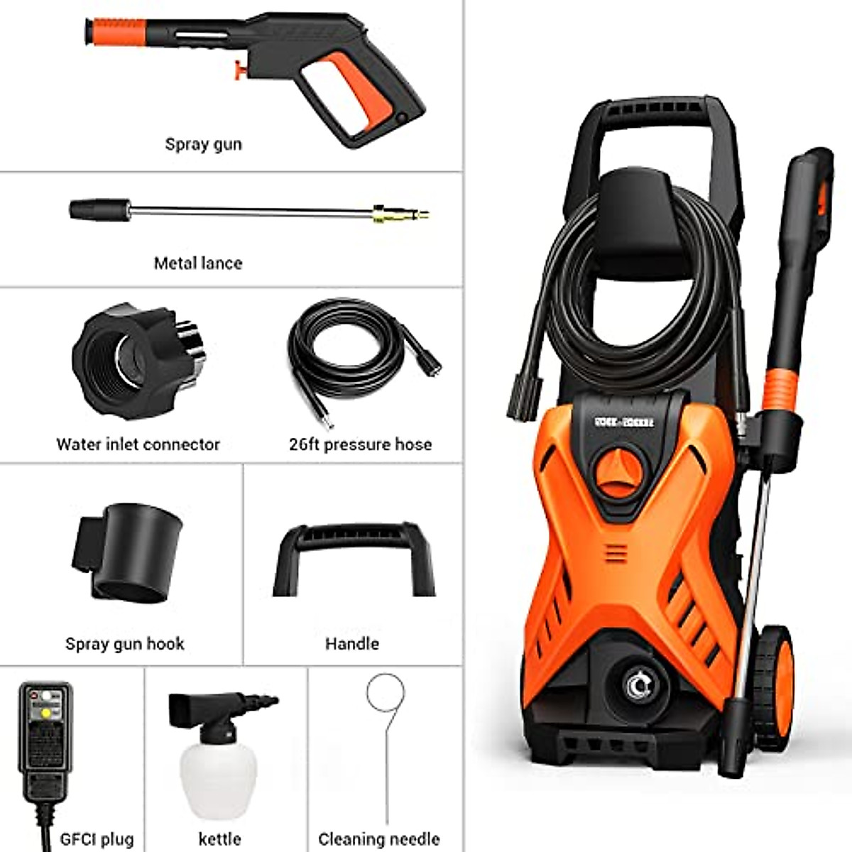 Rock&Rocker Powerful Electric Pressure Washer, 2150PSI Max 1.6 GPM Power Washer with Spray Nozzles,Soap Tank, IPX5 Car Wash Machine for Home/Car/Driveway/Patio Clean, Orange