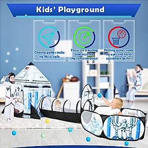 Senodeer Rocket Ship Kids Play Tent: 3Pcs Toddlers Pop Up Ball Pit and Play Tunnel for Indoor Outdoor, Spaceship Baby Playhouse Toys for 1-3 Year Old Boys Girls (3 in 1 Kids Tent)