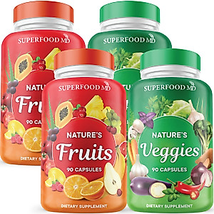 Superfood 180 Fruit and 180 Veggie Capsules -100% Whole Natural Superfood - Maintain Energy Levels, with Aloe Vera - Grown and Made in The USA (90 Count (Pack of 4)