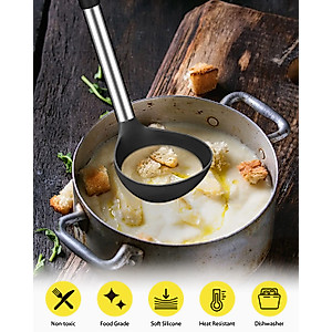 Silicone Pasta Fork and Soup Ladle Set, Non-Stick BPA Free Heat-Resistant Handy Kitchen Utensils for Cooking, Serving, Draining, Stirring (Black)