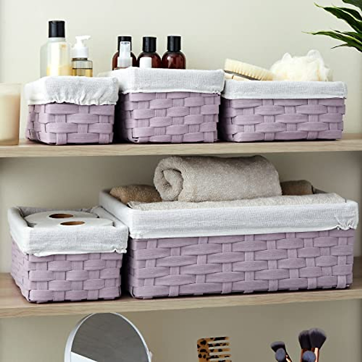 5 Piece Set Woven Nesting Storage Baskets, Decorative Wicker Bins for Organizing, Lavender (3 Sizes)