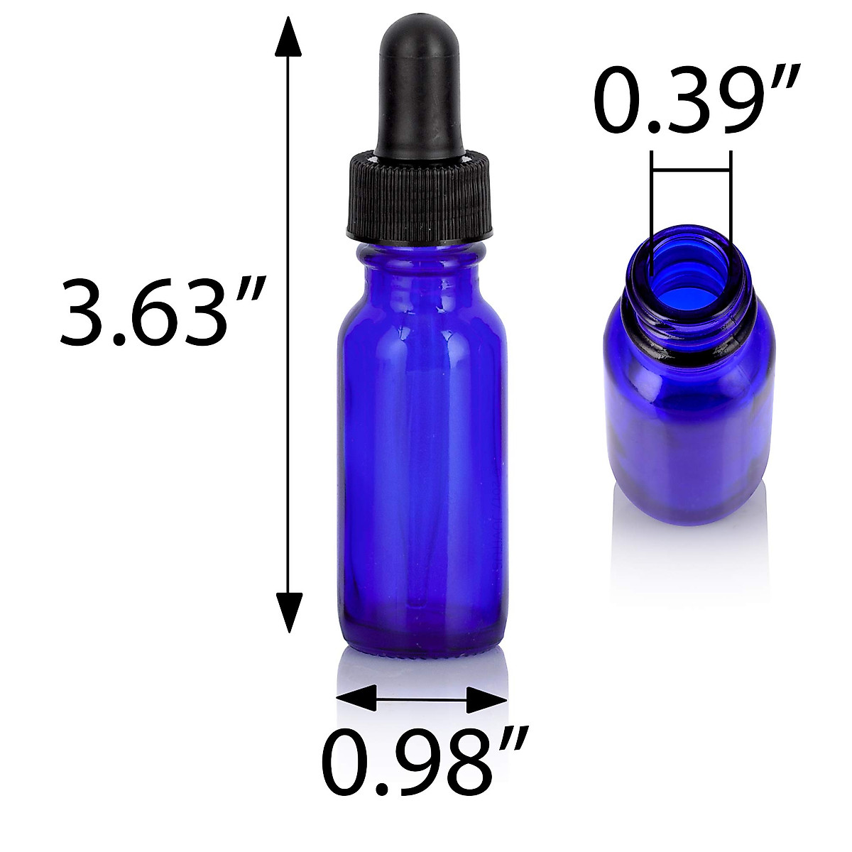 JUVITUS 0.5 oz / 15 ml Cobalt Blue Glass Boston Round Bottle with Black Dropper (2 Pack) + Funnel