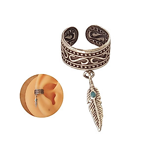 Handmade Single Sterling Silver Ear Cuff Wide Band & Feather Turquoise - Adjustable Clip On Non Piercing Huggie Fake Earring - Dainty Ear Wrap Cartilage - MiYa Jewelry (Geometric Swirls)