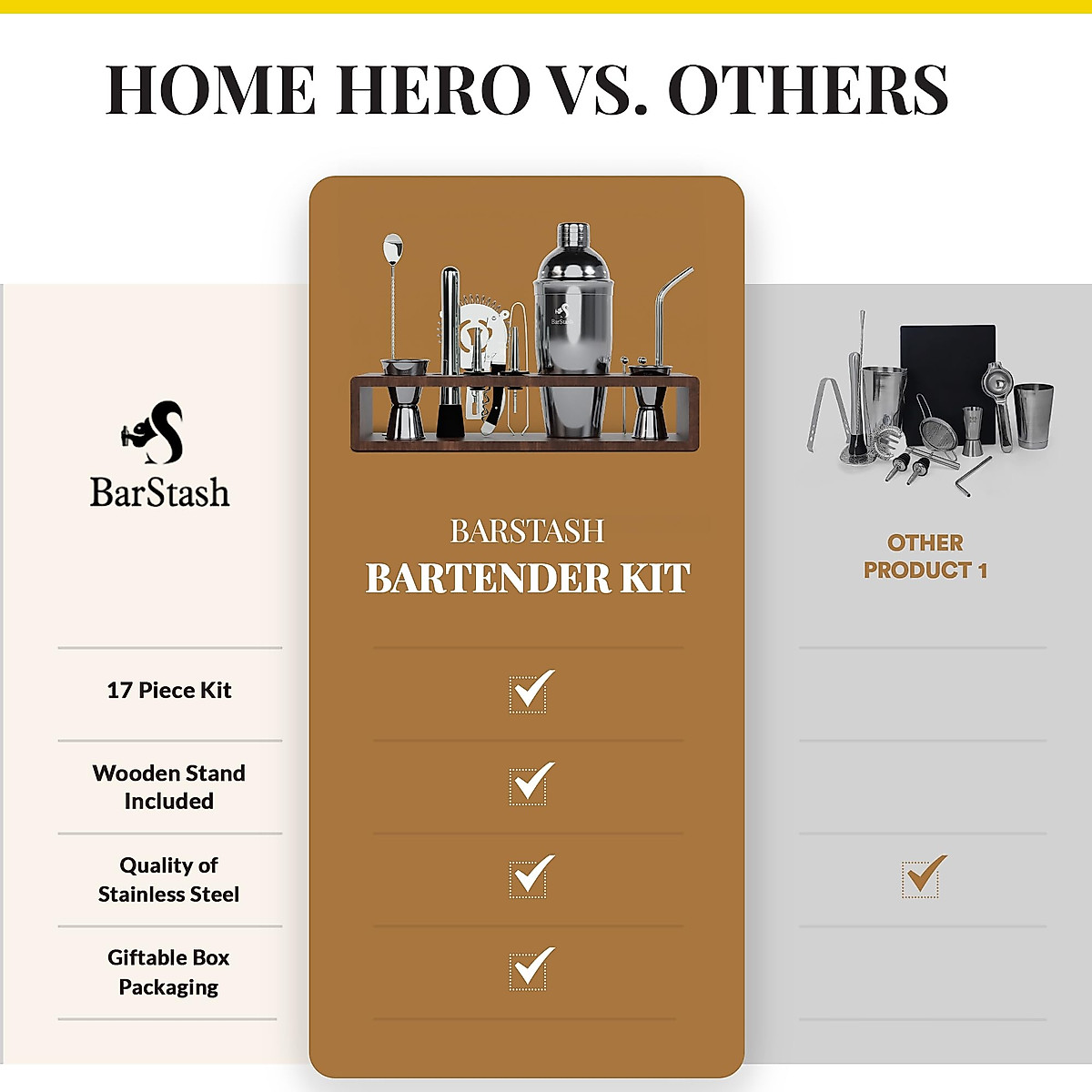 BarStash Bartender Kit - Premium Bar Tools Set with Unique Wooden Stand - House Warming Gifts New Home - Bar Accessories Home Bar Set, Cocktail Set, Bar Kit - Cocktail Recipe E-Book -Stainless Steel