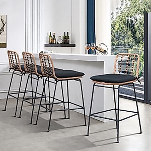 Patiorama Outdoor Bar Stools Set of 4, Patio Counter Height Stools & Bar Chairs w/Footrest, Hand-Woven Armless Beige Rattan Bar Set Patio Furniture for Garden,Pool, Indoor,Cafe,Kitchen(Black Cushion)
