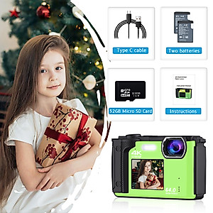 Saneen Digital Camera, 4K 64MP Cameras for Photography, 16X Zoom Vlogging Camera for YouTube with WiFi, Selfie Dual Screens Small Compact Camera with 32GB SD Card,2 Batteries for Beginners - Green