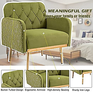 Velvet Living Room Chairs Accent Chairs Set of 2 Mid Century Modern Single Sofa Reading Chair Comfy Upholstered Button Tufted Armchair for Bedroom with Rose Golden Metal Legs Flowers (2pcs Green)