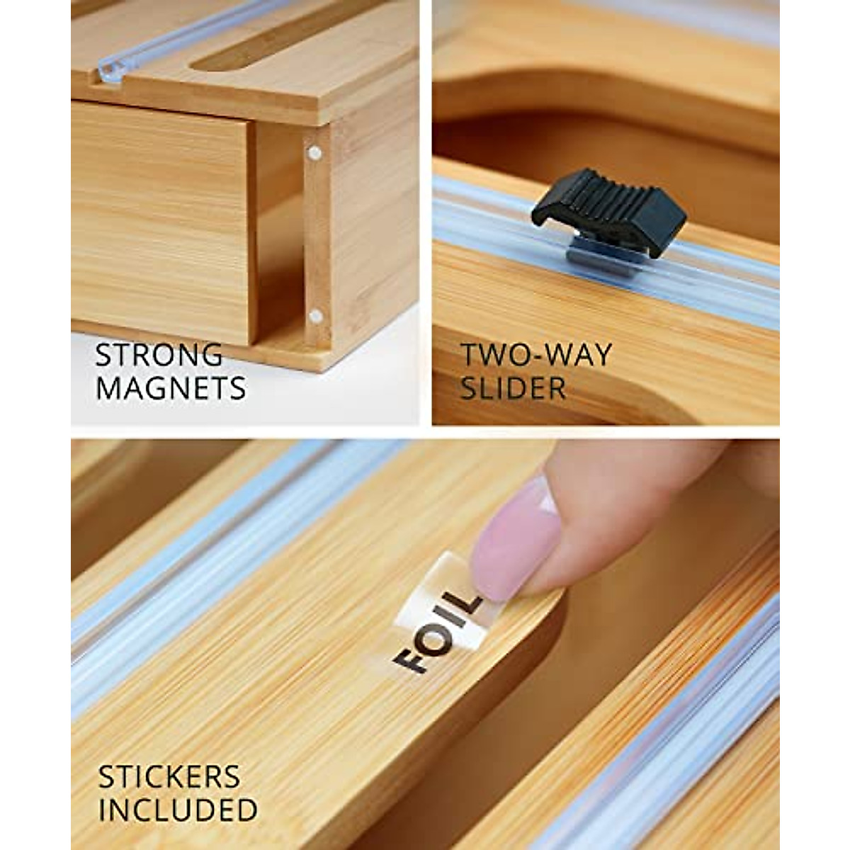 ROYAL CRAFT WOOD Bamboo Kitchen Drawer Organizer with 3 Slots for Food Storage Containers, Kitchen Foil, and Plastic Wrap – Includes Cutter