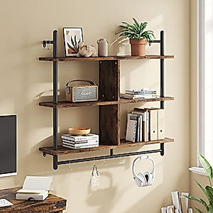 Bestier 41.5" Floating Pipe Shelving 3 Tier Industrial Wall-Mounted Ladder Shelf Hanging with Circular Tube, Wood Display Bookshelf Storage for Living Room Kitchen Balcony, Rustic Brown
