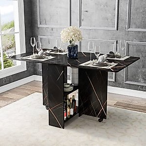 VANSPACE Folding Dining Table Drop Leaf Kitchen Table with Storage for Small Spaces Multifunction Space Saving Table Extension Dinner Table Black Marble