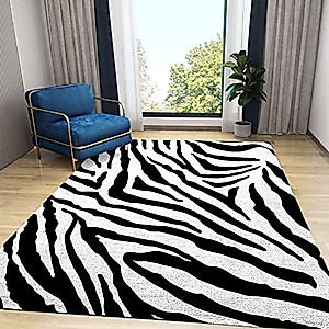 Black and White Area Rugs, Zebra Skin Pattern Easy to Clean Stain Kids Rugs, Machine Washable Carpet, Breathable Durable Mat for Study Dining Room Decor 5' x 8'