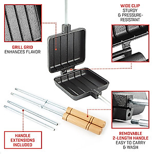 Uno Casa Pie Iron Sandwich Maker - Japanese Sandwich Maker, Cast Iron Pie Maker with Recipe Book, Campfire Cooking Equipment - Pie Irons for Camping Cast Iron Mountain Pie Maker