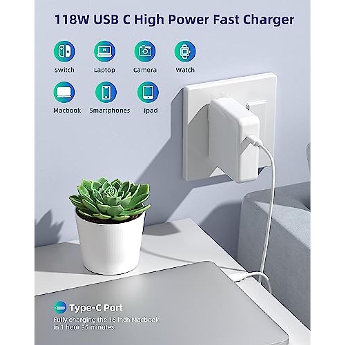 Mac Book Pro Charger - 118W USB C Fast Charger Power Adapter Compatible with USB C Port MacBook Pro, MacBook Air, New iPad Pro and All USB C Device, 7.2ft USB-C to C Charge Cable, White