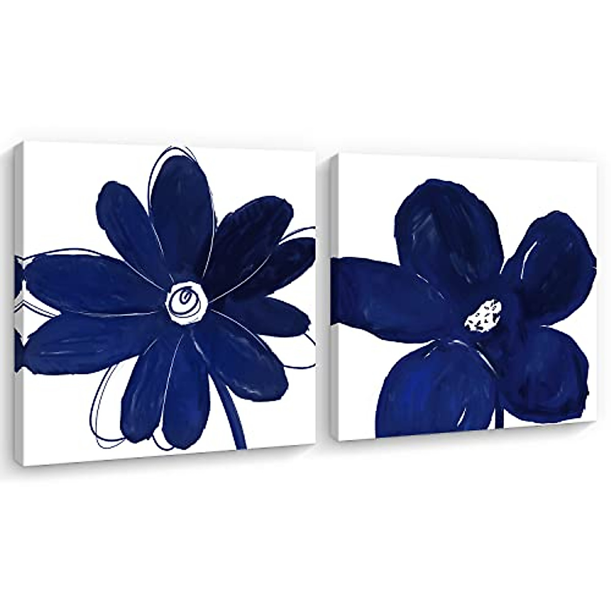 Creoate Navy Blue Wall Art for Bathroom Decor, 2 Pieces Abstract Flower Painting Canvas Print Artwork Framed Set Blue and white Wall Decor for Bedroom…
