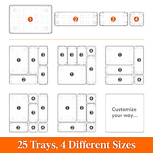 Lifewit 25 PCS Drawer Organizer Set Clear Plastic Desk Drawer Dividers Trays Dresser Storage Bins Separation Box for Makeup, Jewelries and Gadgets, Bedroom, Bathroom, Office