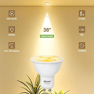 DiCUNO GU10 LED Bulb, 40W Equivalent, Warm White 2700K, 450LM, MR16 GU10 LED for Spotlight, Track Lighting, 5W LED Light Bulb with 38° Beam for Kitchen, Range Hood, Living Room, Pack of 6