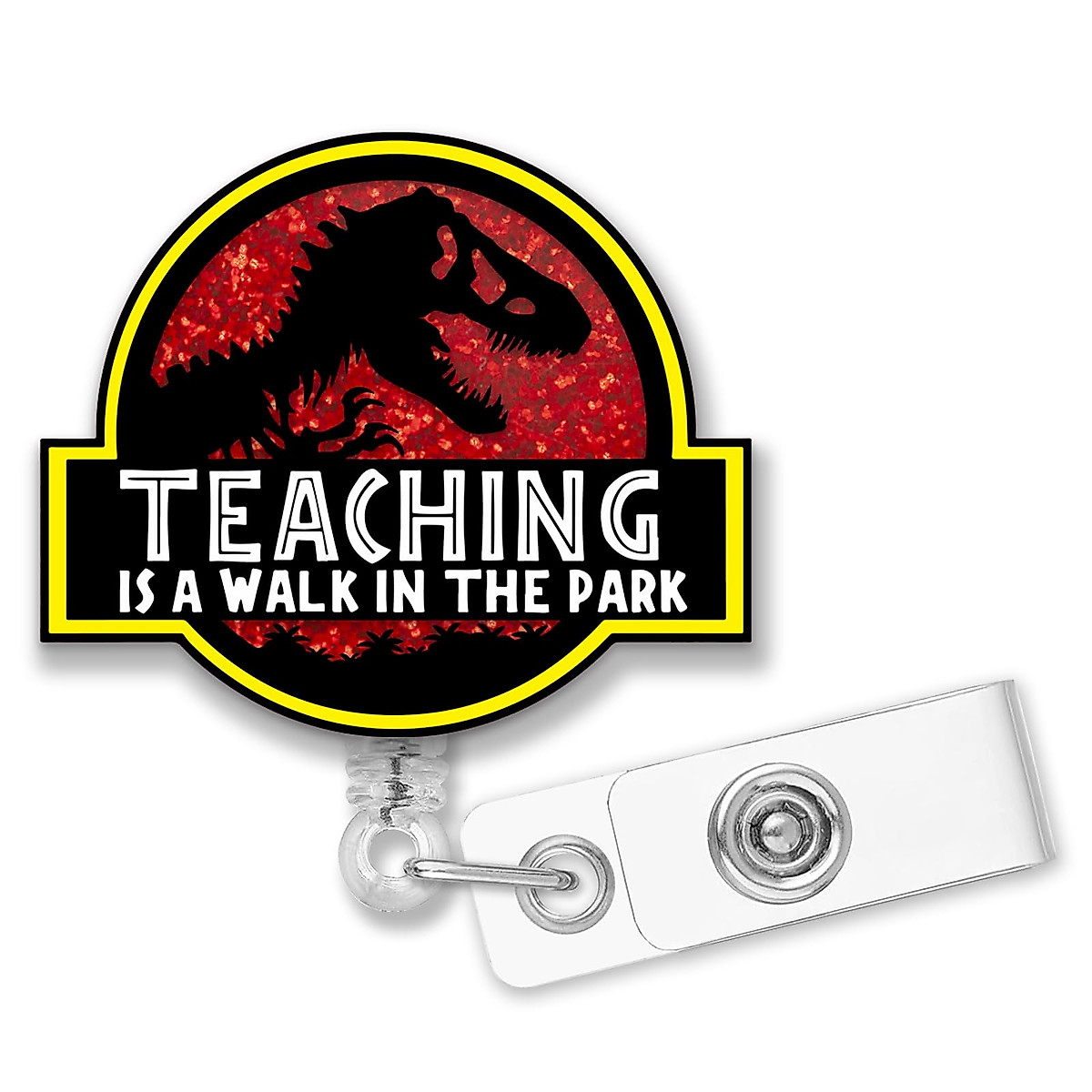 QYUVK Retractable Teaching is A Walk in The Park Badge Reel with Alligator Clip, Funny Red Glitter Dinosaur Badge Holder Gift for Teachers School Counselor Coworker Friends