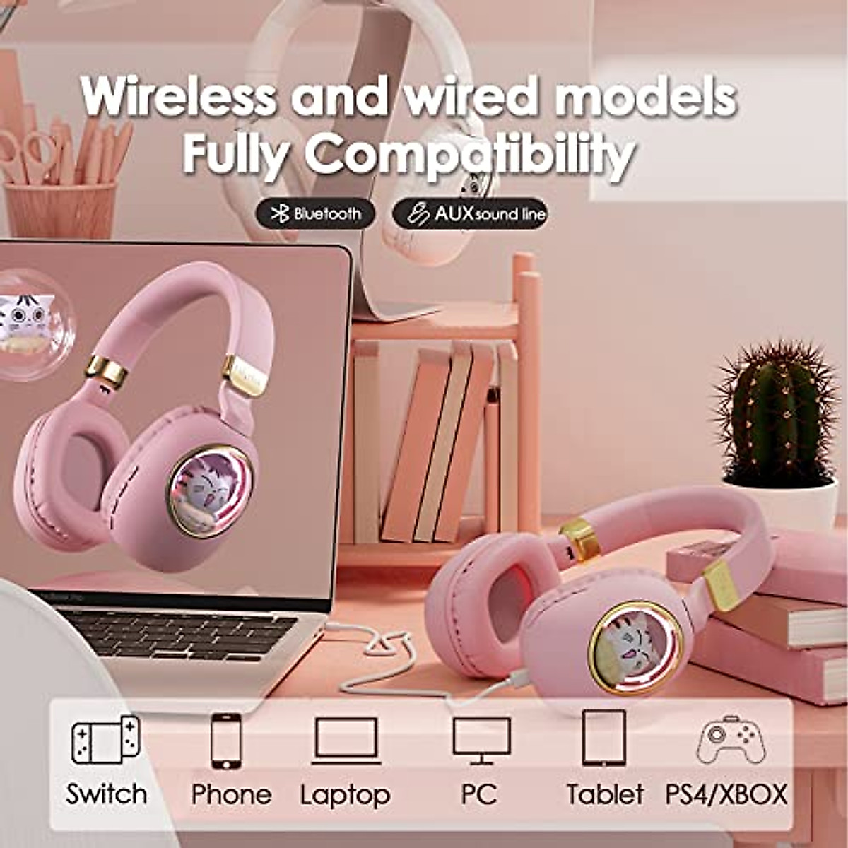 Kids Bluetooth Headphones Wired with Microphone for School - Wireless Boy Girls Noise Cancelling Over Ear Bluetooth Headphones Foldable Children Headsets for iPad Kindle Airplane Travel Tablet Pink