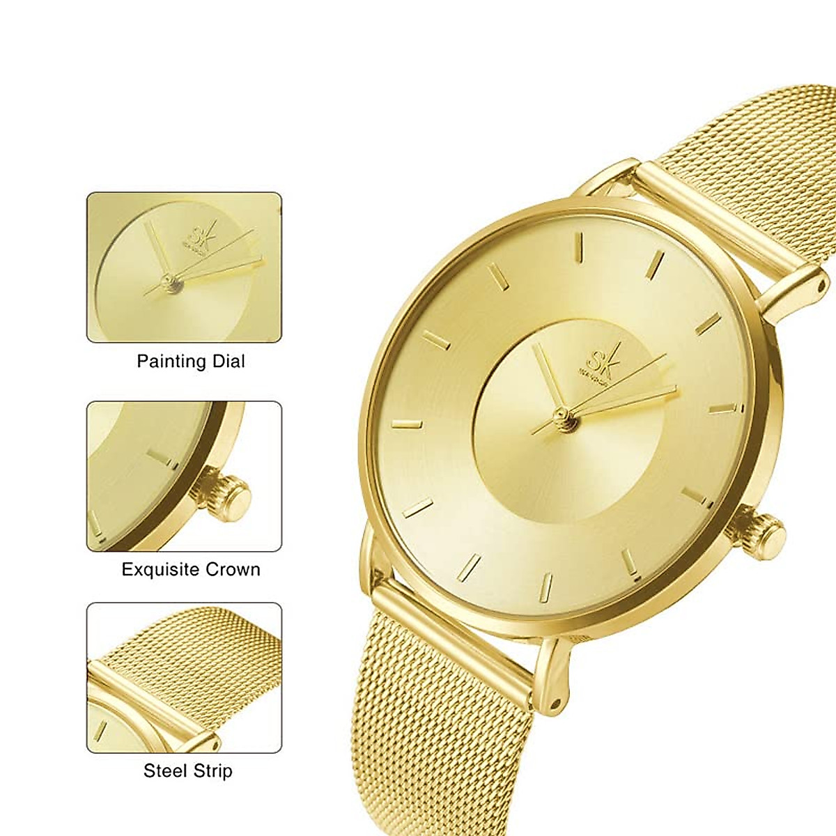 SHENGKE Simple Watches Analog Mesh Watches for Women Stainless Steel Band reloj de Mujer (K0059-GD)