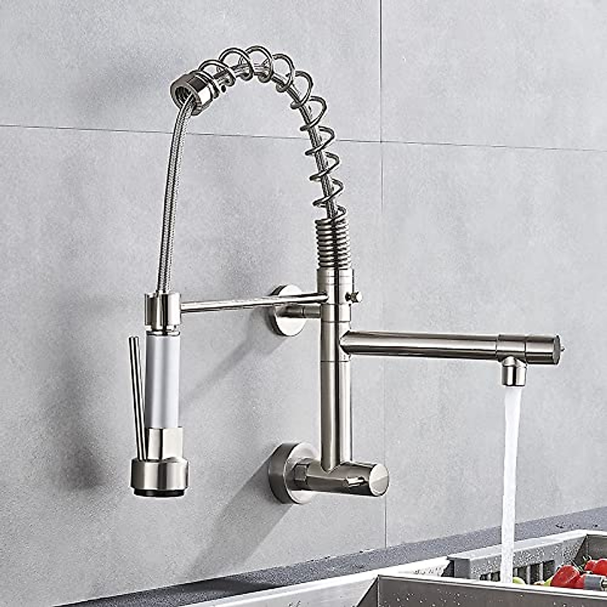 Kitchen Sink Faucet for Bar Farmhouse Commercial, Black/Chrome Brass Kitchen Faucet, Vessel Sink Mixer Tap, Spring Dual Swivel Spouts Sink Mixer, Bathroom Faucets, Wall Mounted Tap (Color : Brushed N