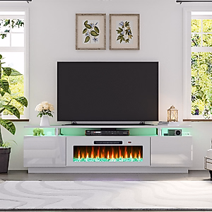AMERLIFE Fireplace TV Stand with 40" Fireplace, 80" Modern High Gloss Fireplace Entertainment Center LED Lights, 2 Tier TV Console Cabinet for TVs Up to 90", White & White