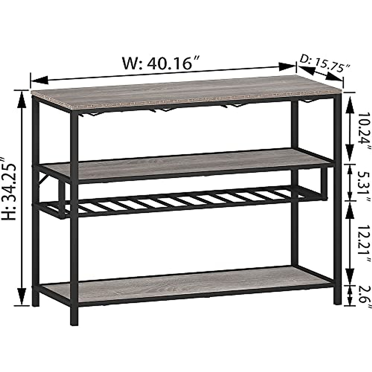 LVB Rustic Wine Rack Table, Metal and Wood Wine Cabinet Coffee Bar Cabinet, Freestanding Floor Liquor Bar Table with Glass Holder and Wine Storage, Light Grey Oak
