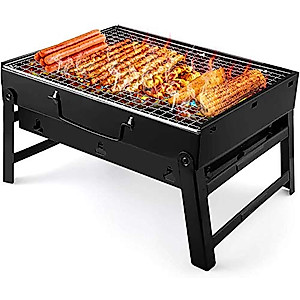 HOSEMN 2023 NEW Portable Folding Charcoal Grills, Stainless Steel Grill Table, Easy Portability For for Outdoor Cooking, Barbecue Camping, Beach BBQ, Picnic Backyard - Black (17"x11.4"x9.4"）