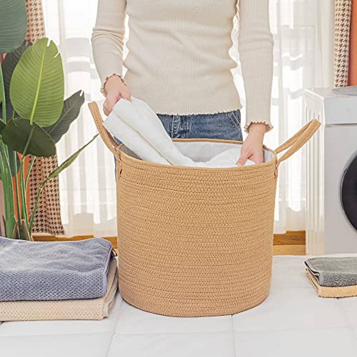 Homlikelan 46L Cotton Rope Woven Storage Basket,Blanket Basket with Handles Wicker Laundry Basket for Clothes,Toys,Pillows,Towels,Shoes,Plant Hampers for Bedroom,Living Room,Bathroom,Nursery Brown