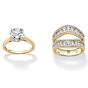 PalmBeach 18k Yellow Gold or Platinum Plated Sterling Silver Round Cubic Zirconia 2 Piece Jacket Bridal Ring Set Size 9