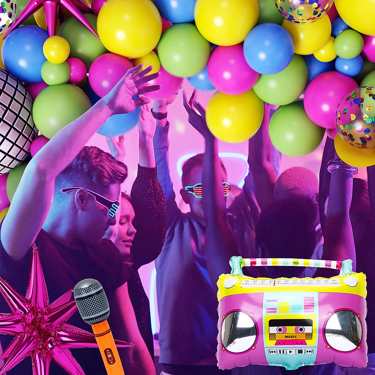 RUBFAC 90s 80s Theme Party Decorations Balloon Arch Kit Inflatable Disco Ball Microphone Rainbow Roller Skate Boom Box Guitar Exploding Star Balloon for Hip Hop Birthday Supplies