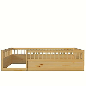Favfurish Full Size Montessori Floor Bed, Solid Wood Playhouse Bedframe with Safety High Fence for Kids, Girls, Boys, Bedroom, Playroom, Easy Assembly & No Box Spring Needed, Natural
