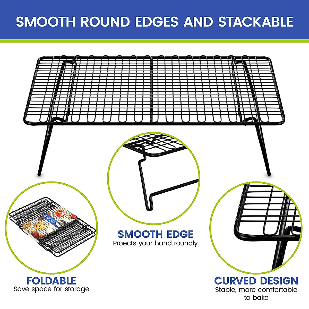 MIU Stackable Cooling Racks for Cooking and Baking with Folding Legs, Multi Tier, Set of 2, Black, Wire Grid Stainless Steel, Kitchen Counter and Oven Safe