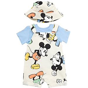 Disney Mickey Mouse Newborn Baby Boys Short Overalls T-Shirt and Hat 3 Piece Outfit Set Khaki/Blue 6-9 Months
