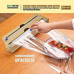 Plastic Wrap Dispenser with Cutter, Saran Wrap & Aluminum Foil and Wax Paper Dispenser for Kitchen Drawer, 2 in 1 Bamboo Plastic Wrap Roll Organizer Holder, Compatible with Most Brands, 12"- 13"Roll