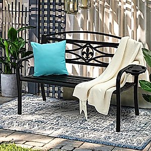 YITAHOME Outdoor Bench 50" Metal Bench with Cup Holder Spear Pattern Patio Bench with Backrest and Armrest for Porch Lawn Balcony Backyard and Indoor Black