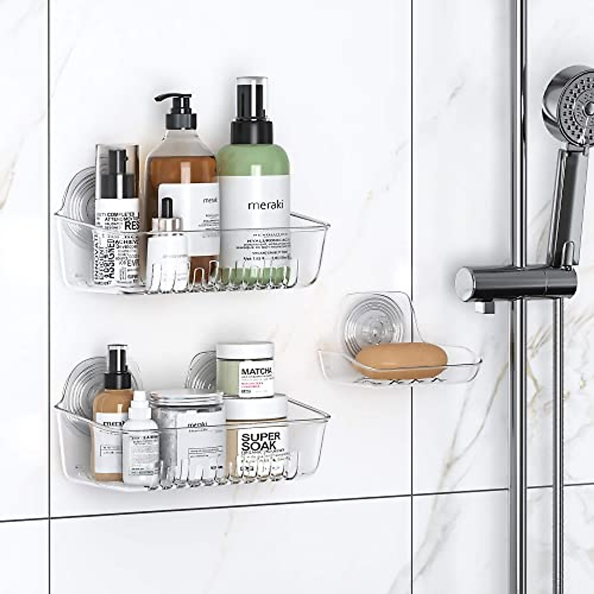 UDD Clear Shower Caddy with Soap Dish, Bathroom Shower Organizer Storage Shower Rack Wall Adhesive Shower Shelves for Dorm Bathtub, 3 Pack