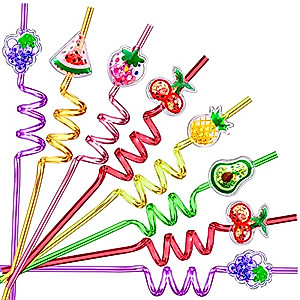 24 Glitter Fruit Party Supplies Drinking Straws Peach Grape Pineapple Cherry Watermelon Avocado Shape Design for Tutti Frutti Birthday Tropical Party Favors with 2 Straws Cleaning Brush