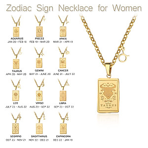 Zodiac Sign Necklace for Women 18K Gold Plated Stainless Steel Chain 20+2 inch Double Sided Constellation Tarot Card Pendant Waterproof Non Tarnish Friendship Jewelry Birthday Gift(Taurus)