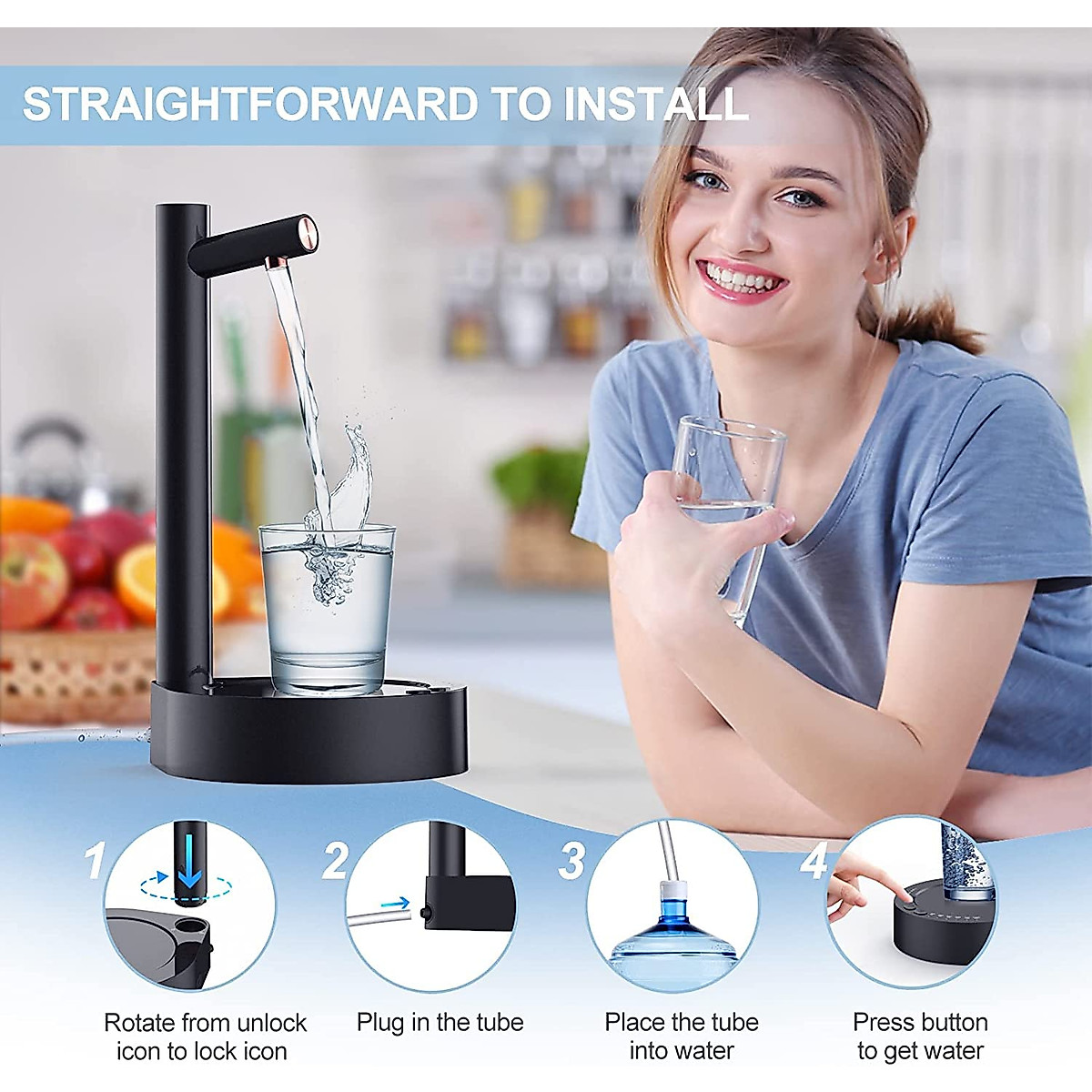 Water Dispenser for 5 Gallon Bottle, Smart 7 Levels Desktop Water Bottle Dispenser for 5 Gallon & Universal Bottles, USB Charging Automatic Water Jug Dispenser for Home, Office and Outdoor