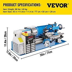 VEVOR Mini Metal Lathe, 7"x14", 550W Variable Speed 2250 RPM Metal Lathe, with 3-jaw Chuck Mini Lathe Machine Benchtop Metal Lathe Digital Display for Metal Turning
